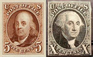 First U.S. Postage Stamps: Benjamin Franklin, George Washington, and ...